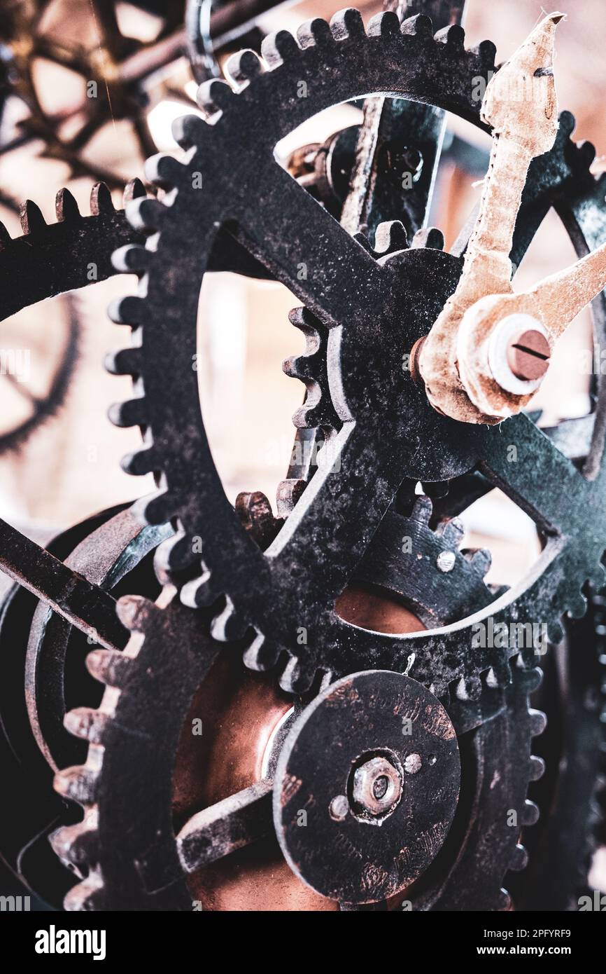 Historic church tower clock cogs at Combe Mill, Oxfordshire Stock Photo ...