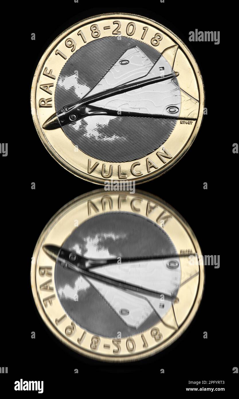 Reverse side of a 2018 £2 coin featuring a Vulcan aircraft. This is ...