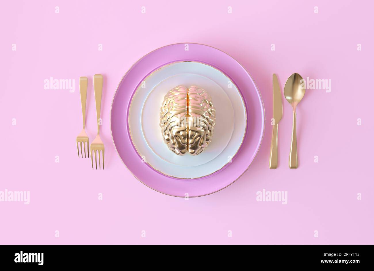 Gold human brain on a plate. Concept of abuse, destructive ...