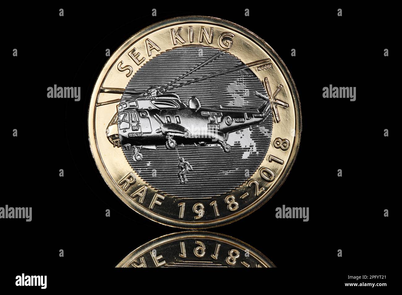 Reverse side of 2018 £2 coin, featuring a Sikorsky Sea King helicopter ...