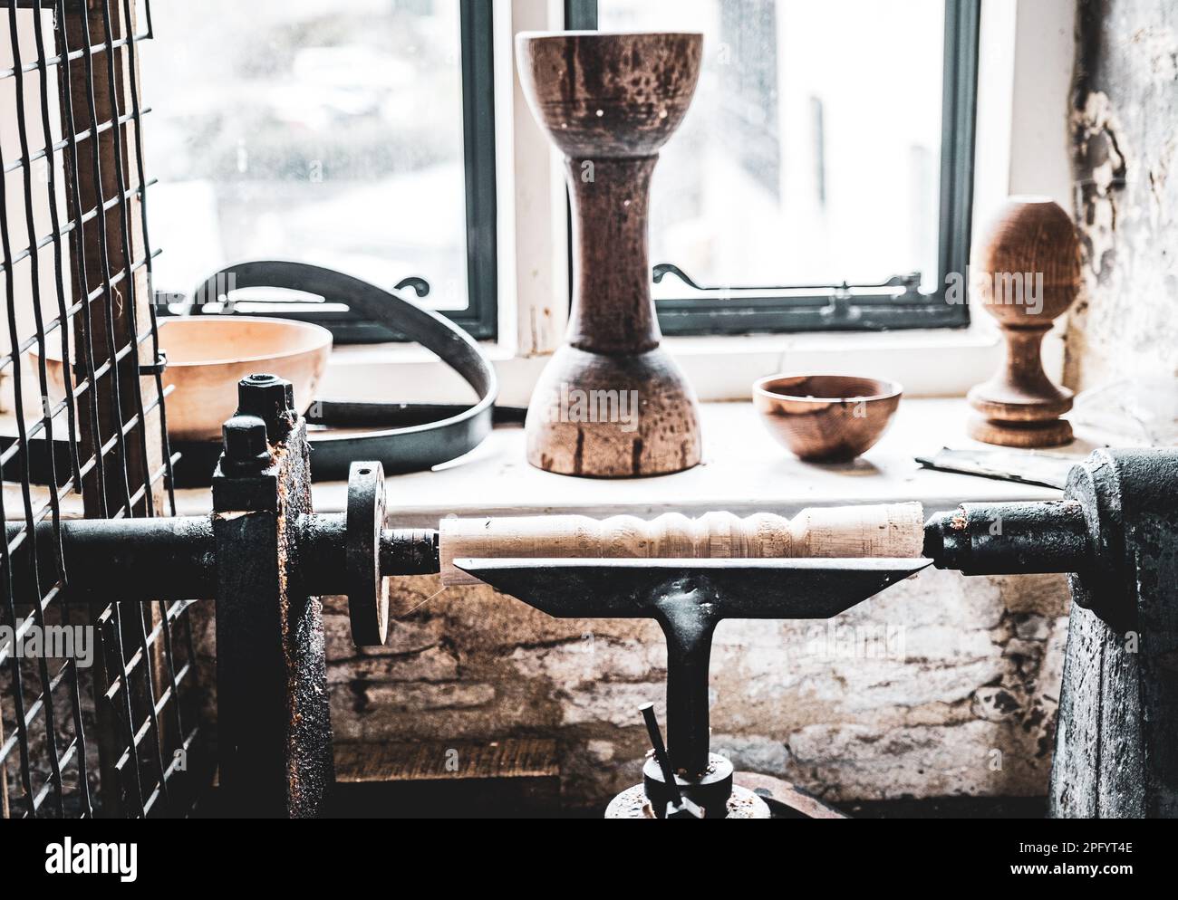 Historic wood turning lathe at Combe Mill, Oxfordshire Stock Photo - Alamy
