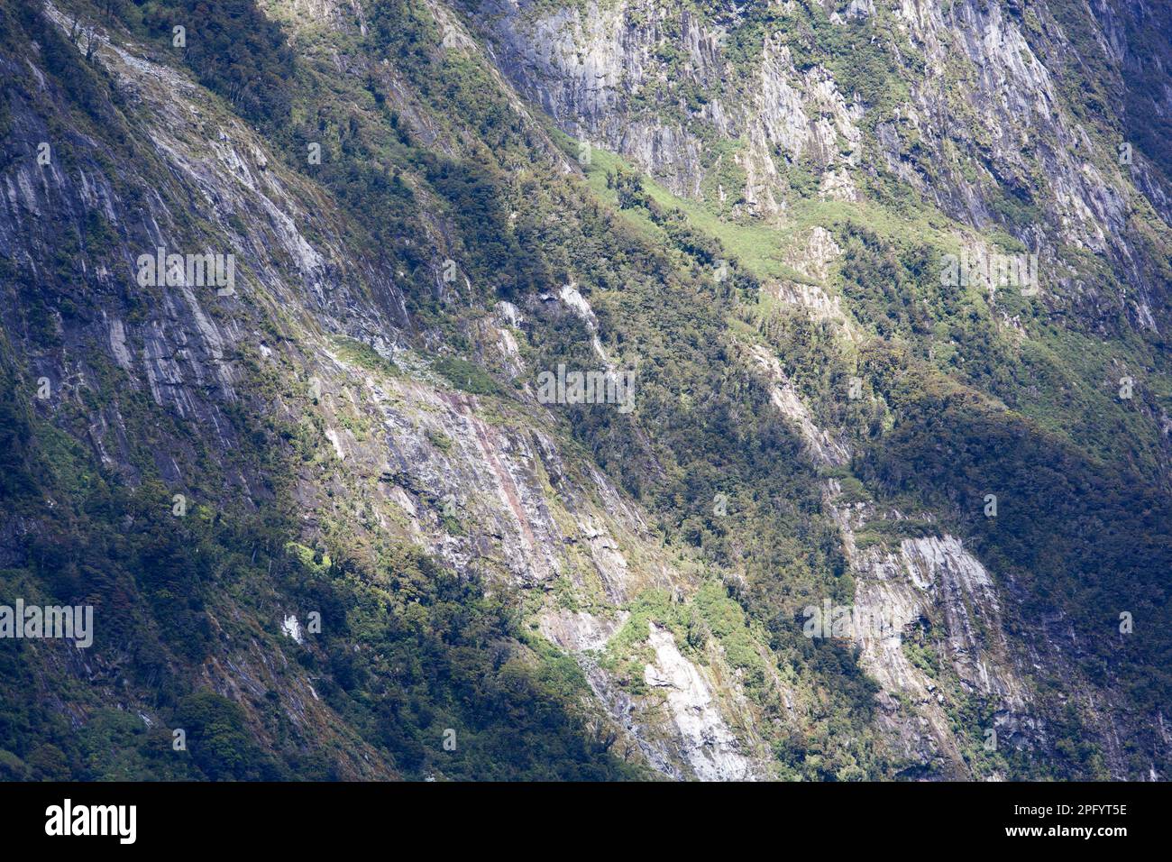 The abstract view of a steep rocky side of a mountain in Fiordland ...