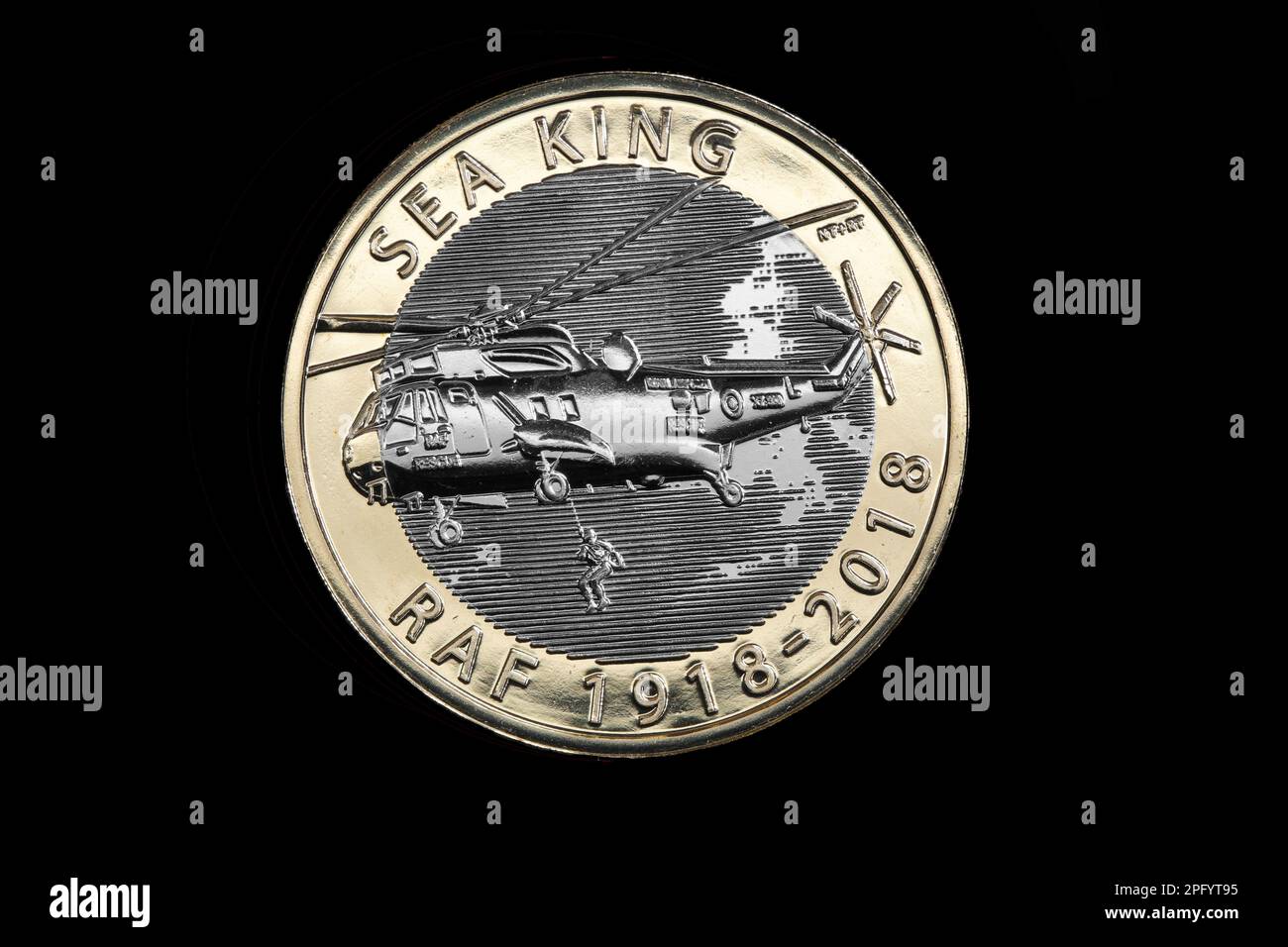 Reverse side of 2018 £2 coin, featuring a Sikorsky Sea King helicopter ...