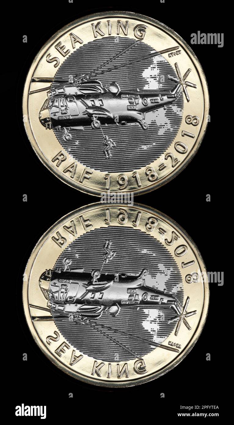 Reverse side of 2018 £2 coin, featuring a Sikorsky Sea King helicopter ...
