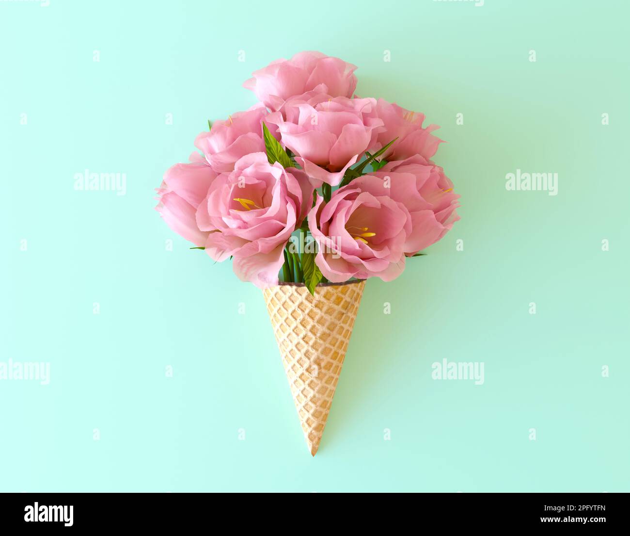Summer flowers in the waffle cone. Pink flower ice cream on flat lay ...