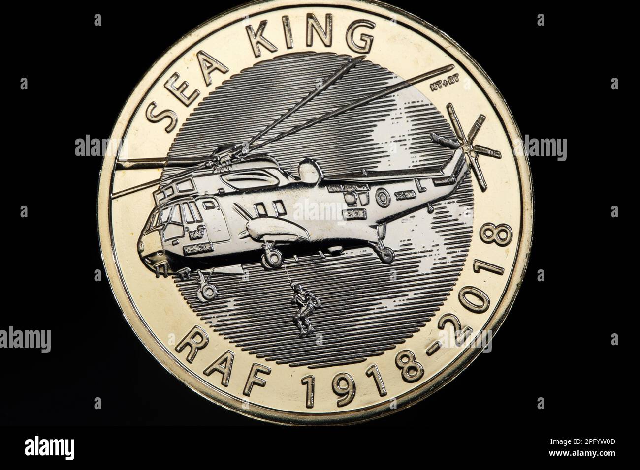 Reverse side of 2018 £2 coin, featuring a Sikorsky Sea King helicopter ...