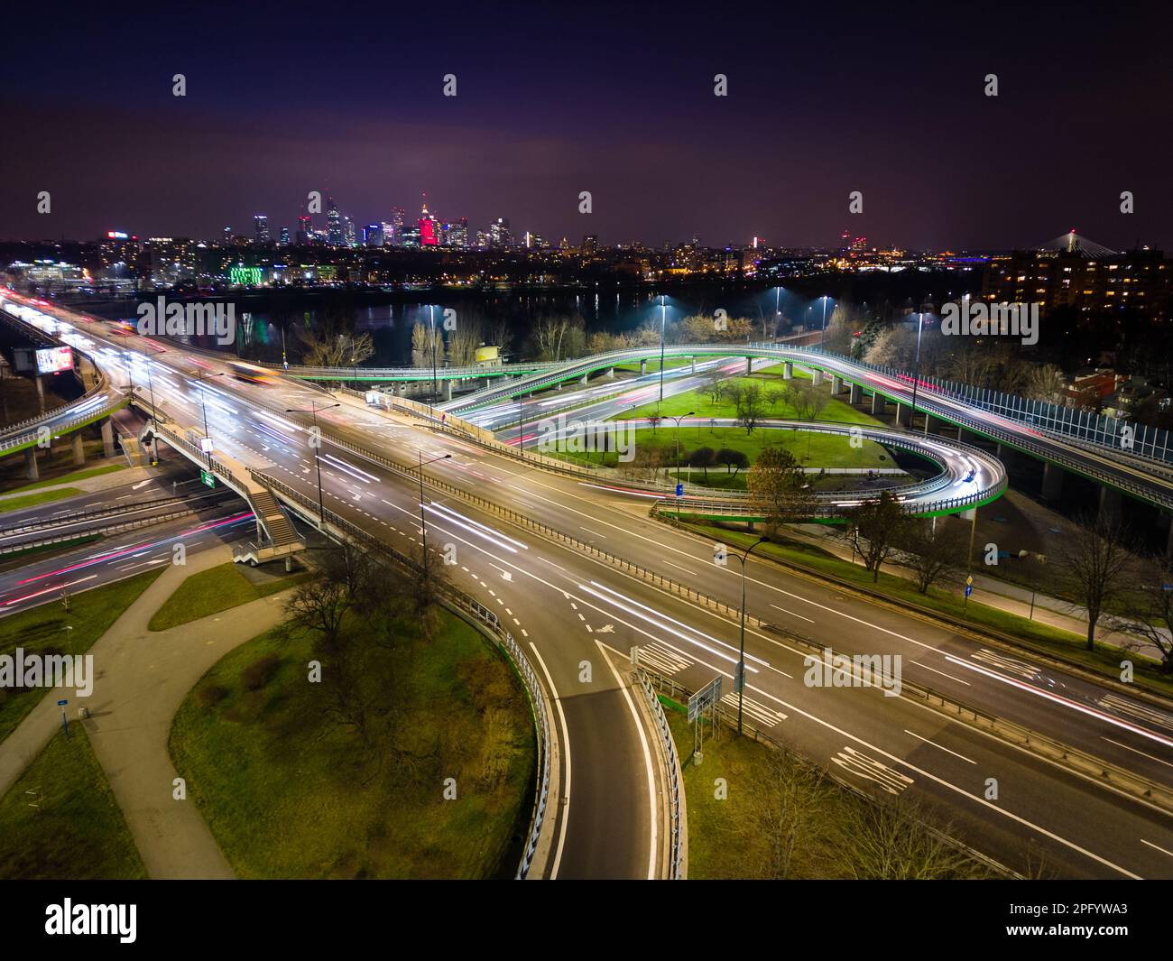 Aerial view of Lazienkowski Bridge, large road intersection and distant ...