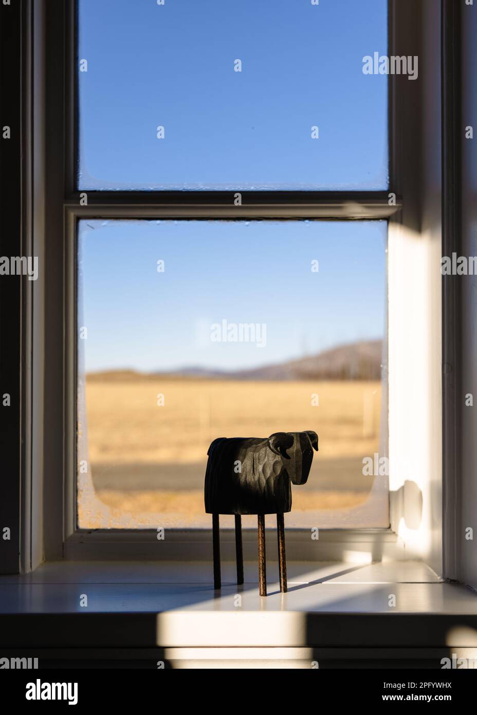 Sheep ornament in window with countryside background Stock Photo - Alamy