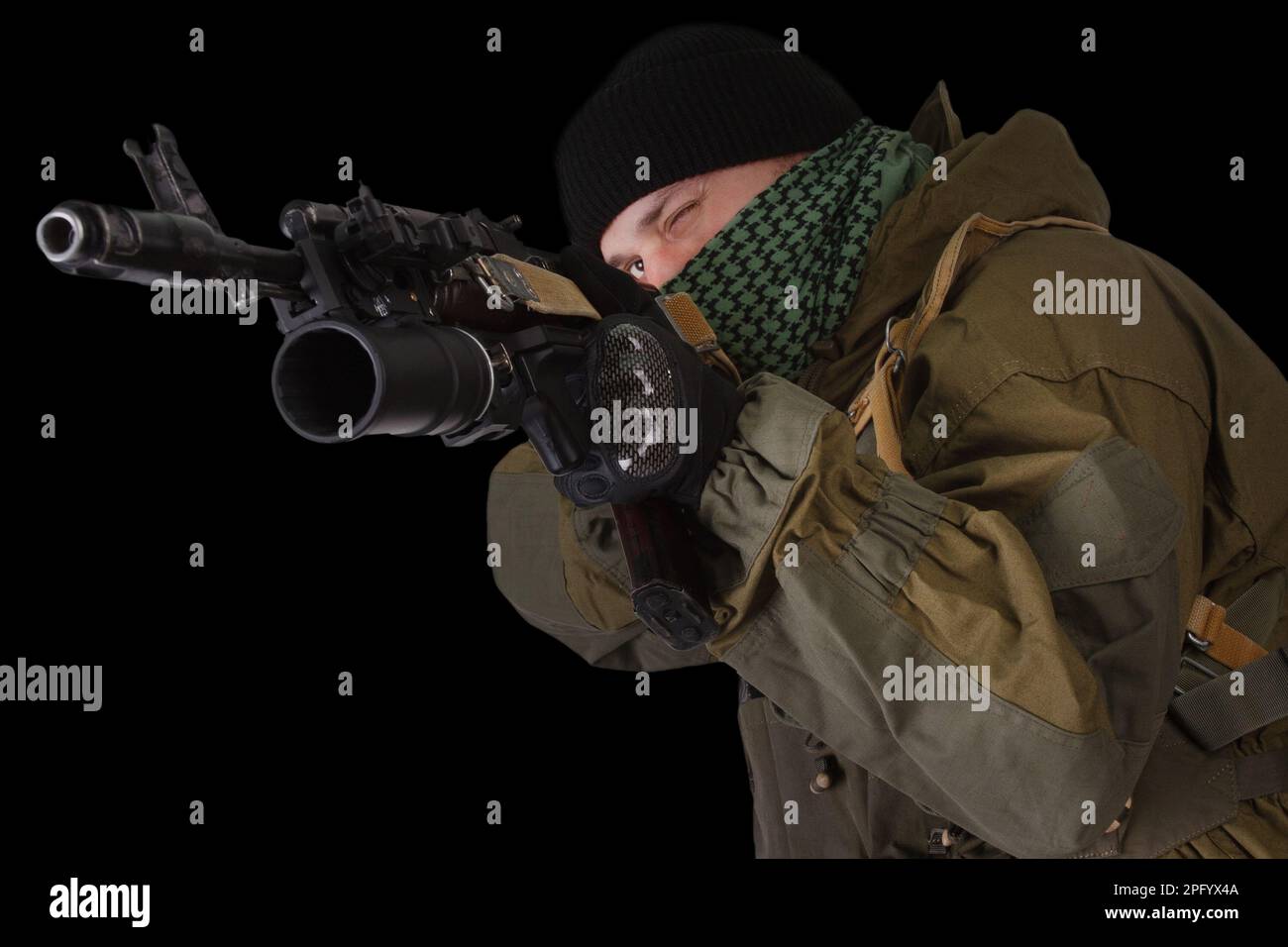 pro-Russian militiaman with kalashnikov ak-47 rifle with under-barrel ...