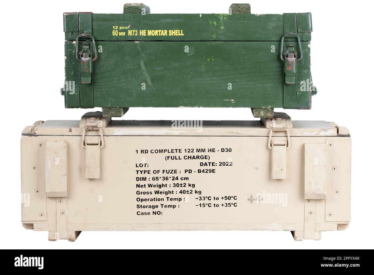 Ammunition crates yellow and green color for artillery shells isolated ...