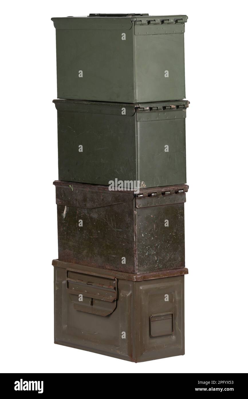 Stack of US army ammo cans isolated on white background Stock Photo - Alamy