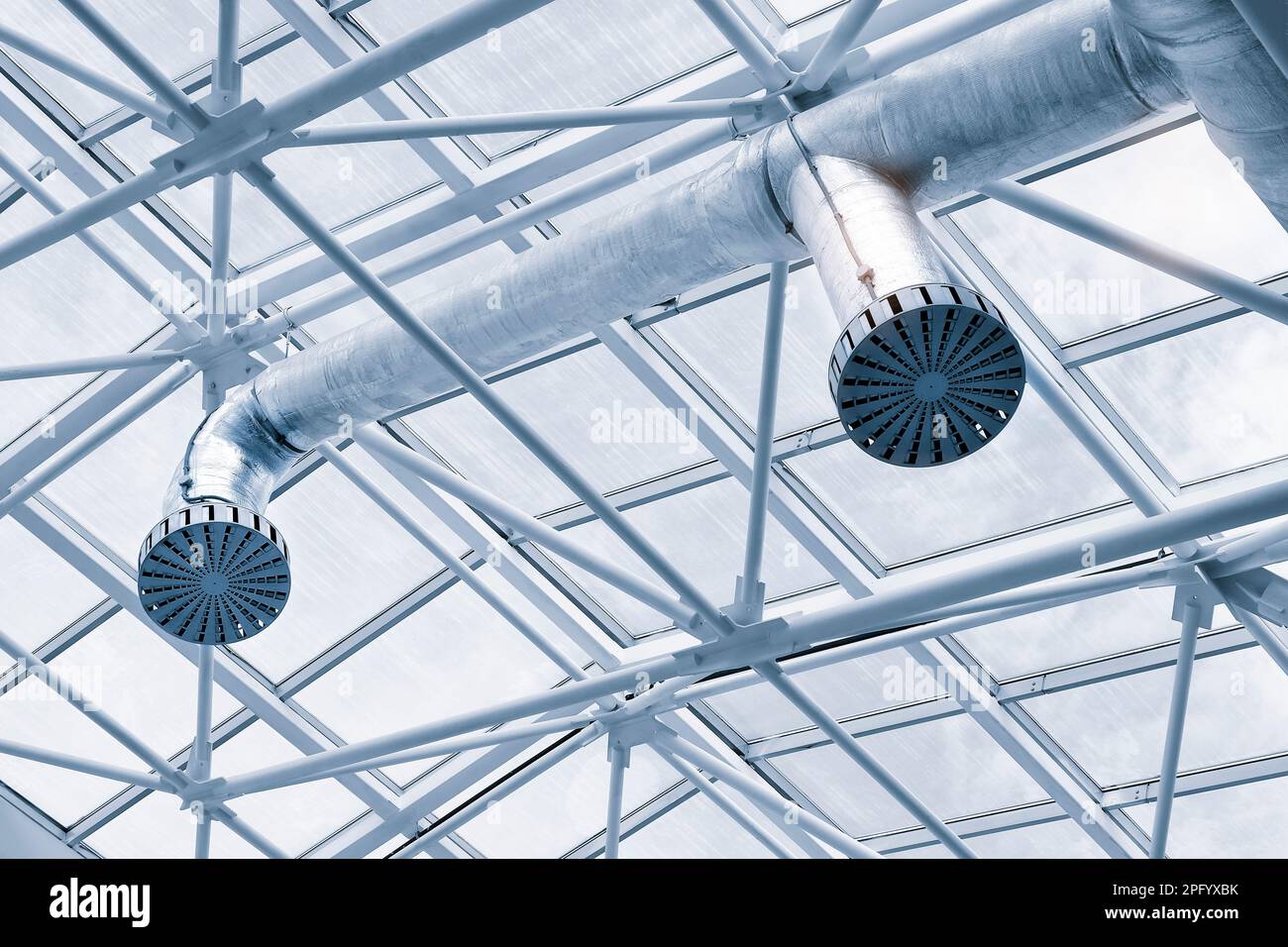 Ventilation pipes in abstract futuristic interior metal construction ...