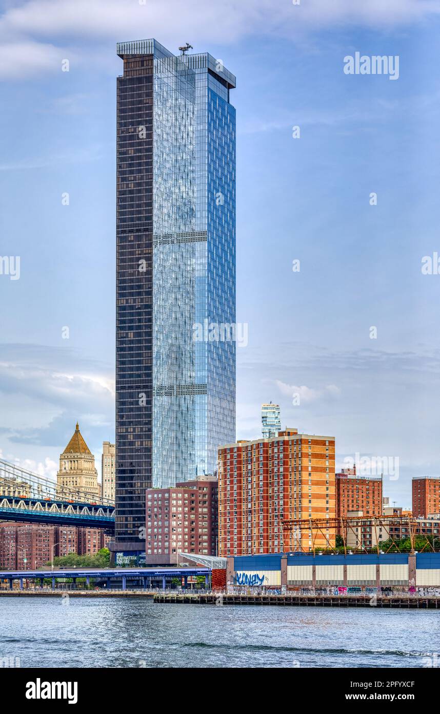 Glass curtain wall façade of One Manhattan Square apartment building ...