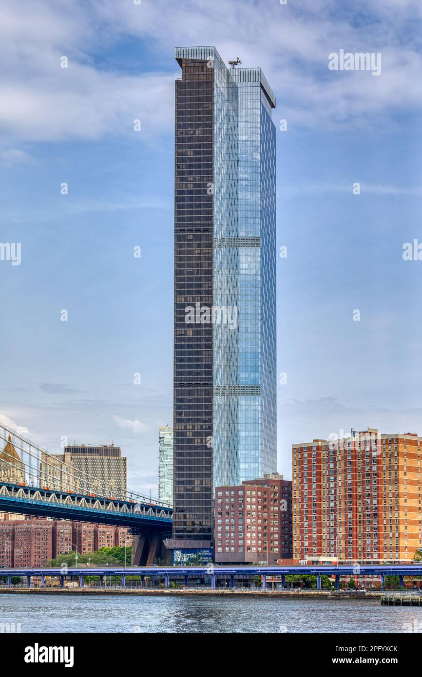 Glass curtain wall façade of One Manhattan Square apartment building ...