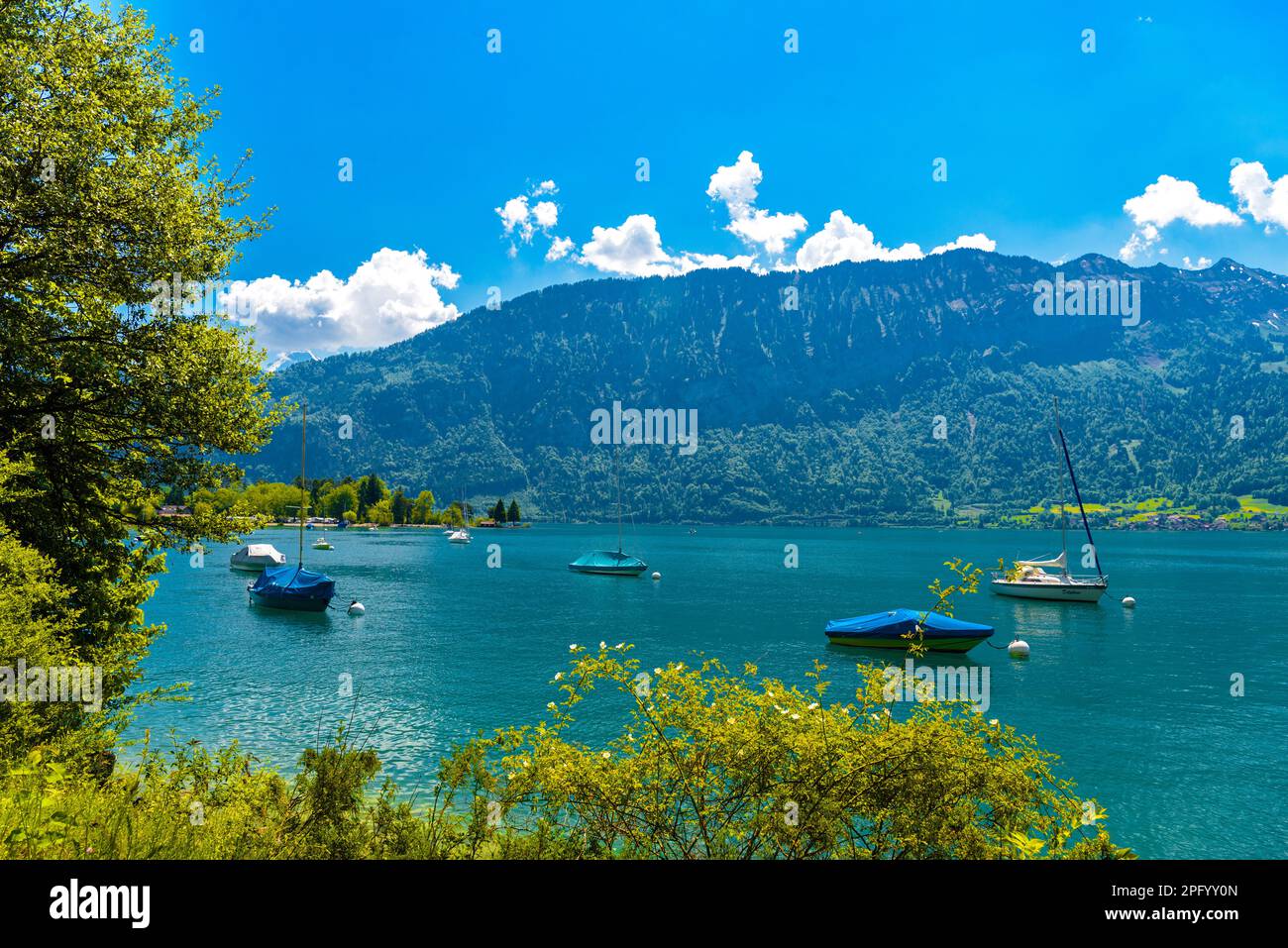 Boats and mountains on the Lake Thun, Thunersee Bern Switzerland Stock ...
