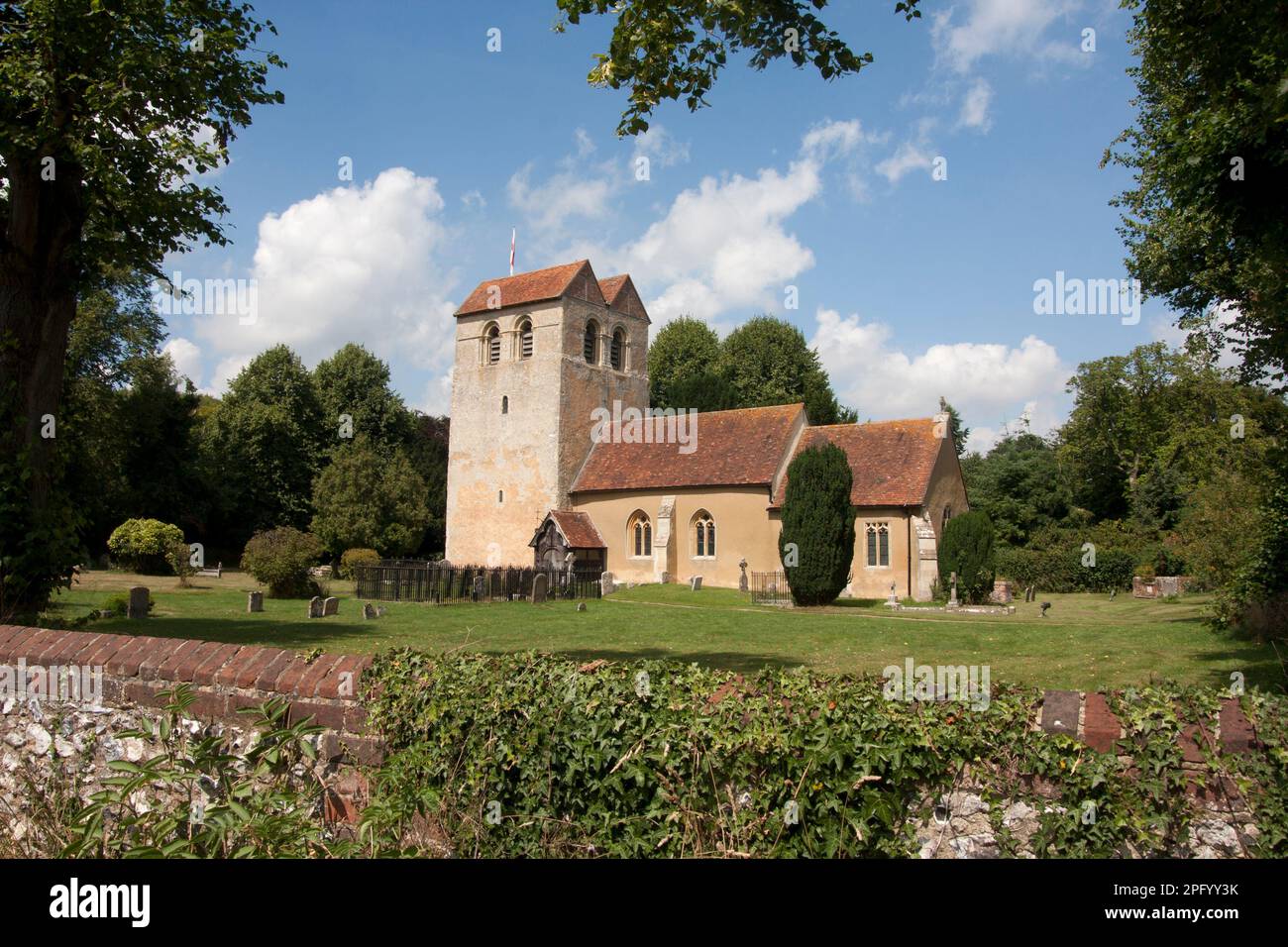 St Bartholamew parish Church with its twin gabled Norman tower, Fingest ...