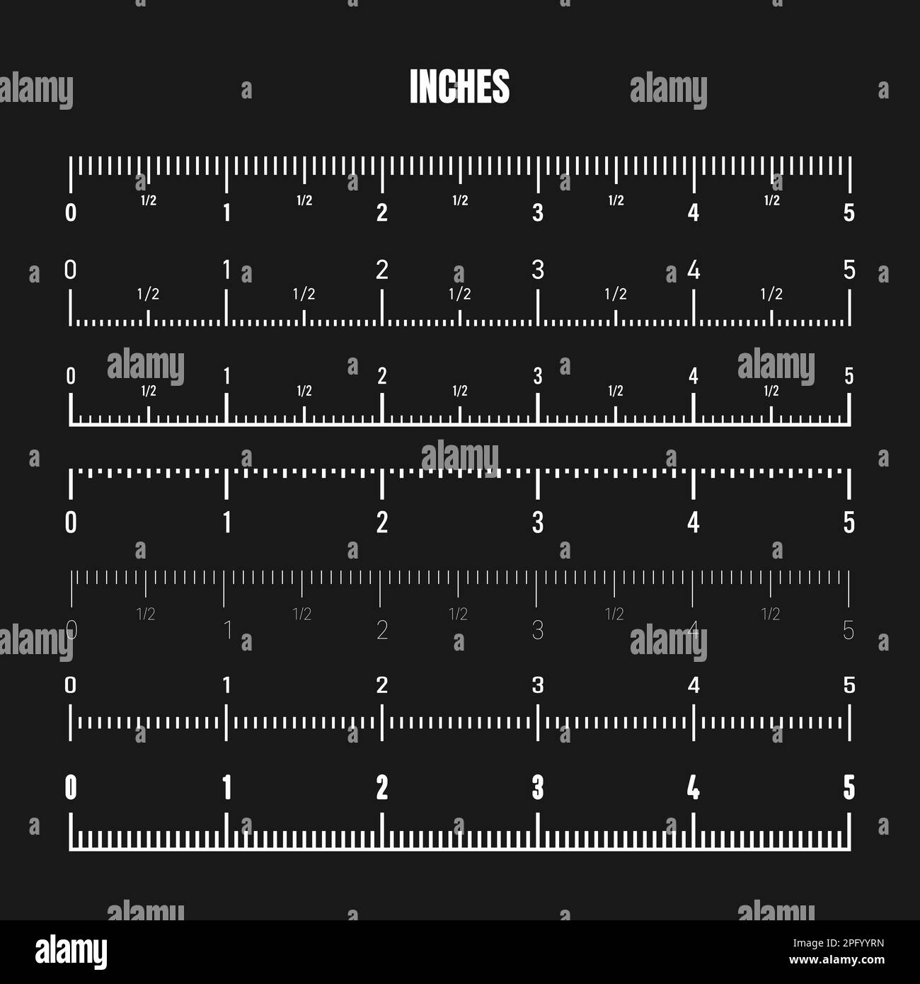 Realistic white inch scale for measuring length or height. Various ...