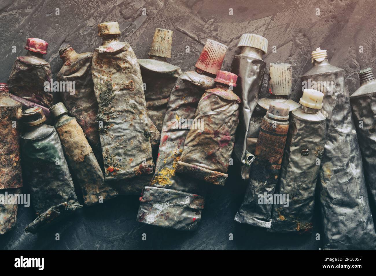 Old vintage paint tubes. Closeup of retro used tubes of professional ...