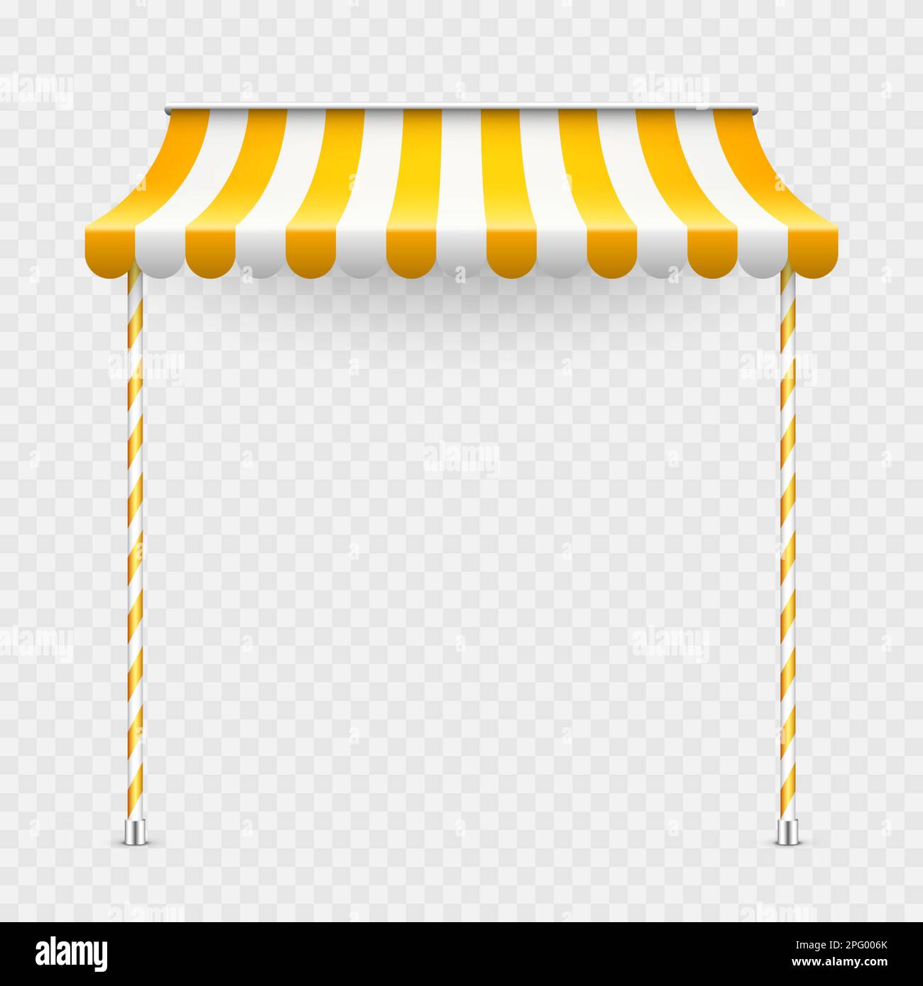 Yellow shop sunshade with stand holders. Realistic striped cafe awning ...