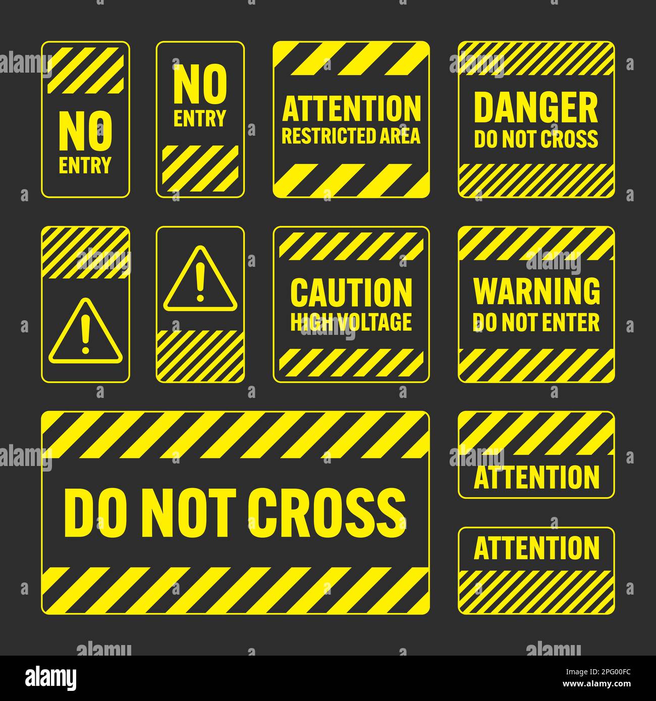 Various yellow warning signs with diagonal lines. Attention, danger or ...
