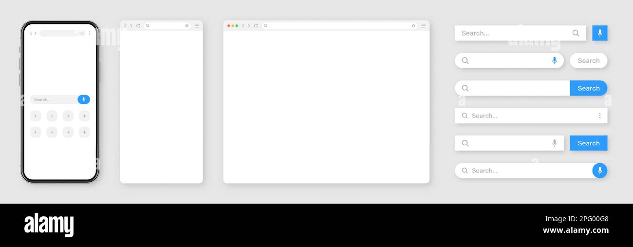 Smartphone, blank internet browser window with various search bar ...