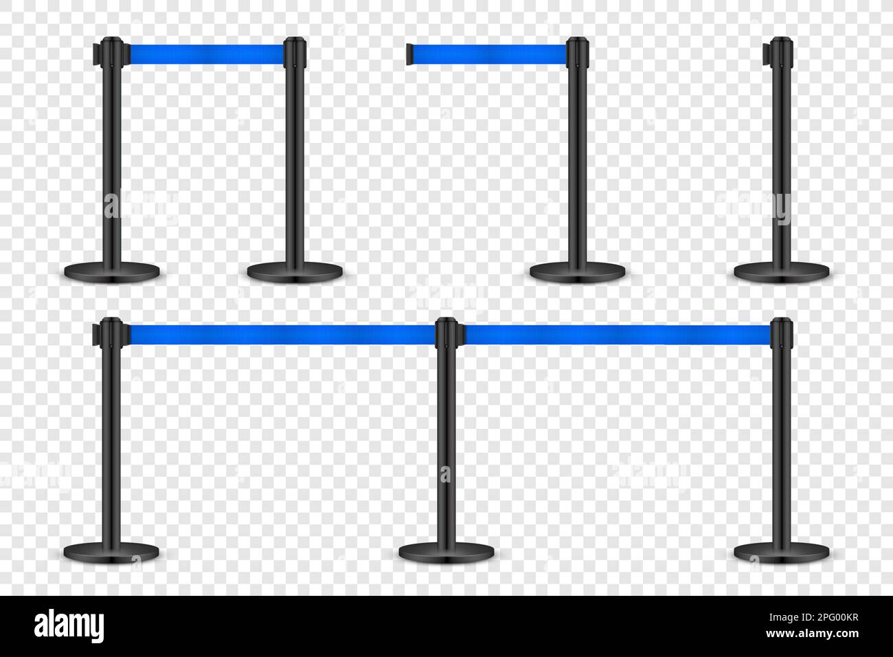 Realistic blue retractable belt stanchion. Crowd control barrier posts ...
