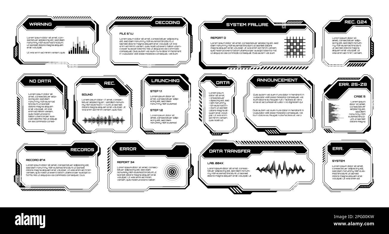 Black futuristic HUD, UI elements. Sci-fi user interface text boxes ...