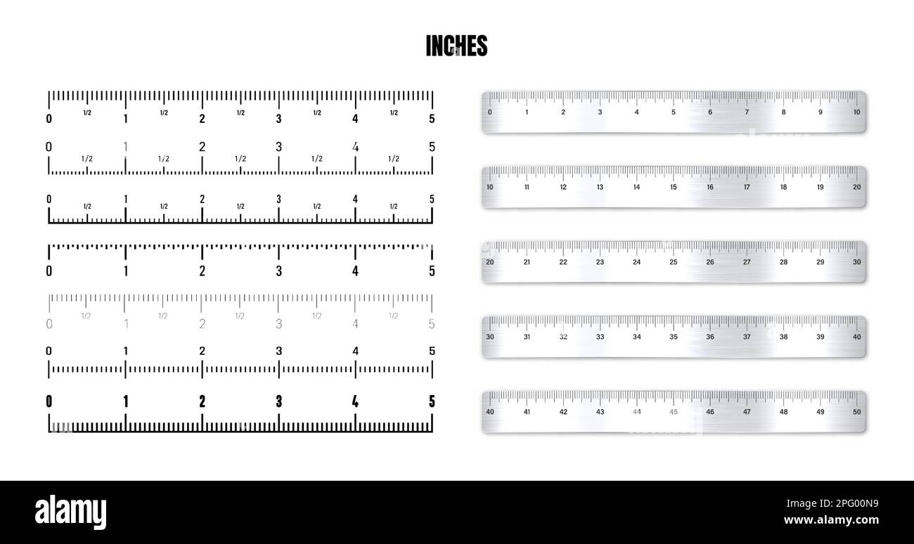 Realistic metal rulers with black inch scale for measuring length or ...