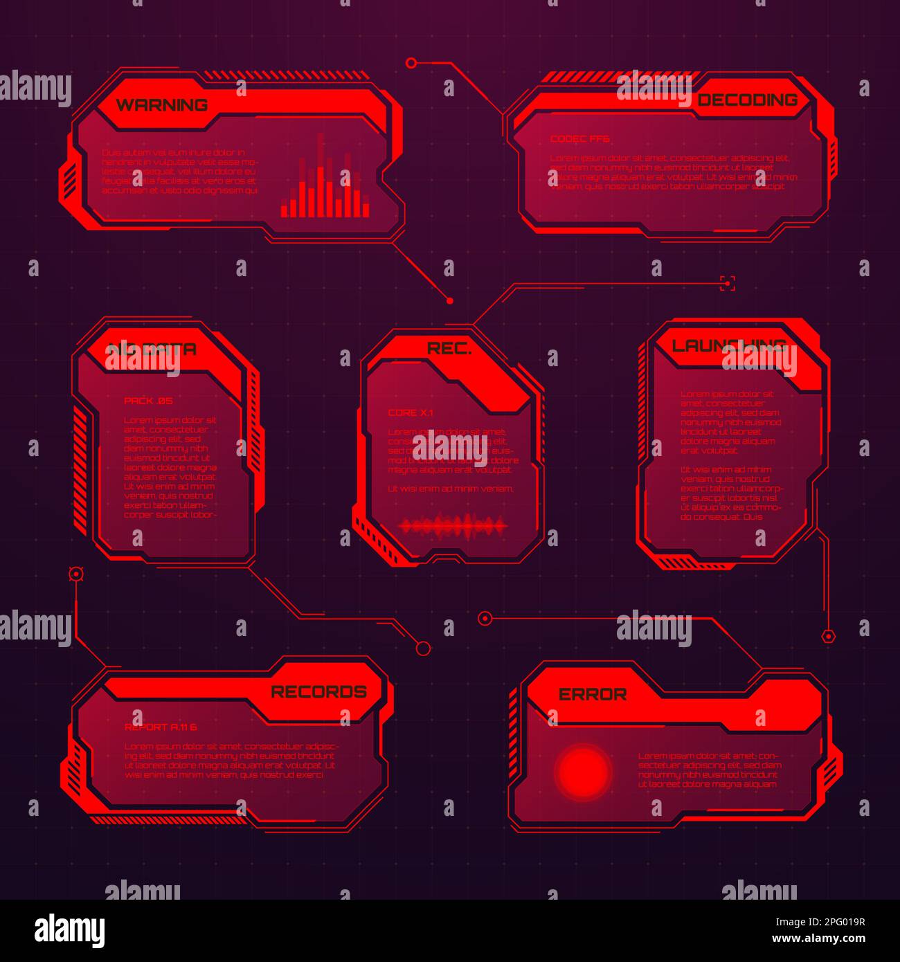 Red futuristic HUD or UI elements. Sci-fi user interface text boxes, callouts. Warning message ...