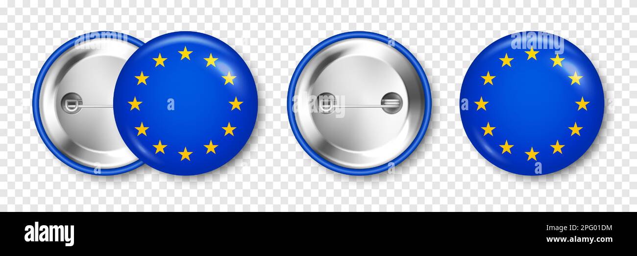Realistic button badge with printed European flag. Souvenir from Europe ...