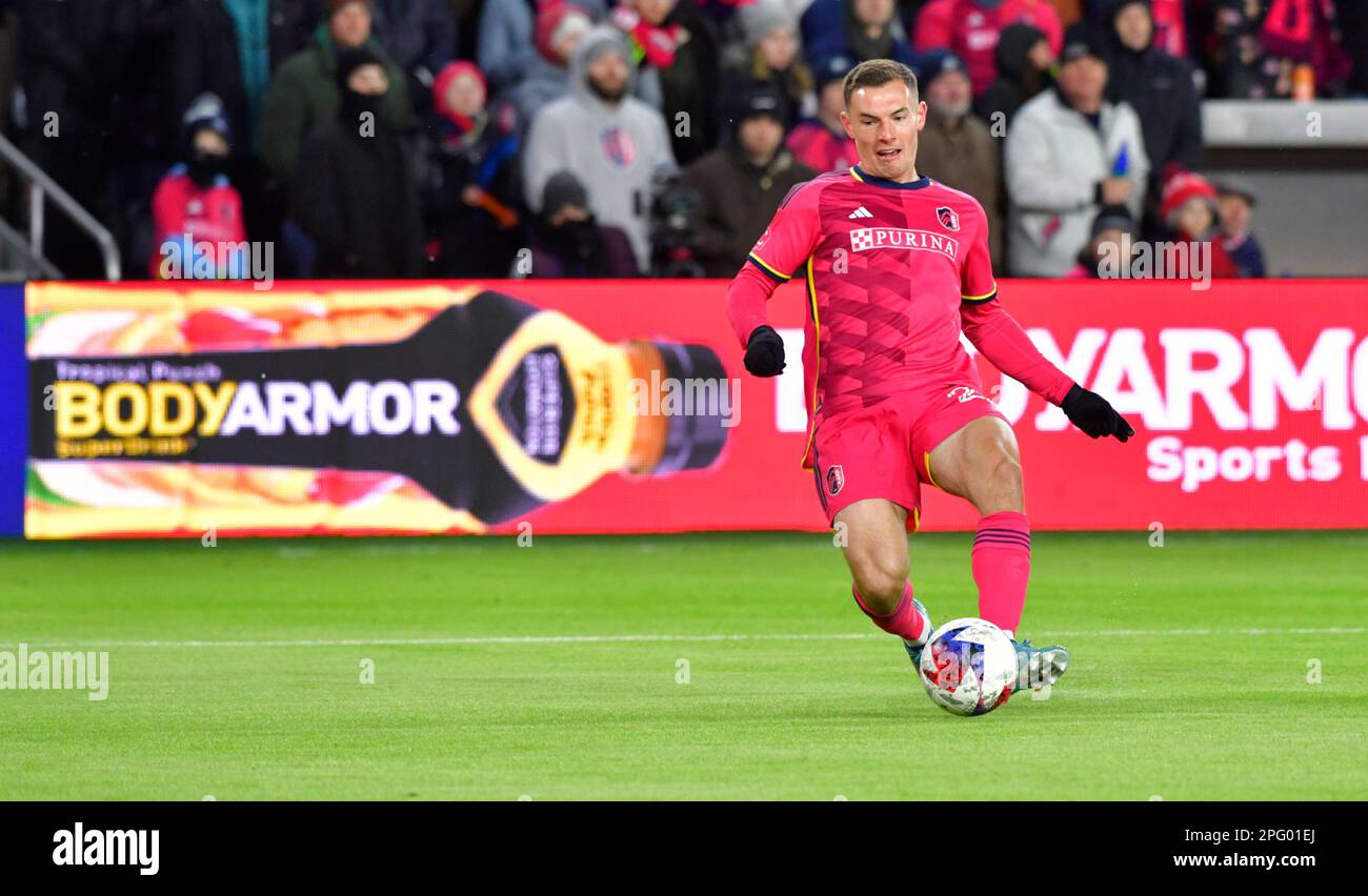 St. Louis, USA. 18th Mar, 2023. St. Louis City defender Kyle Hiebert ...