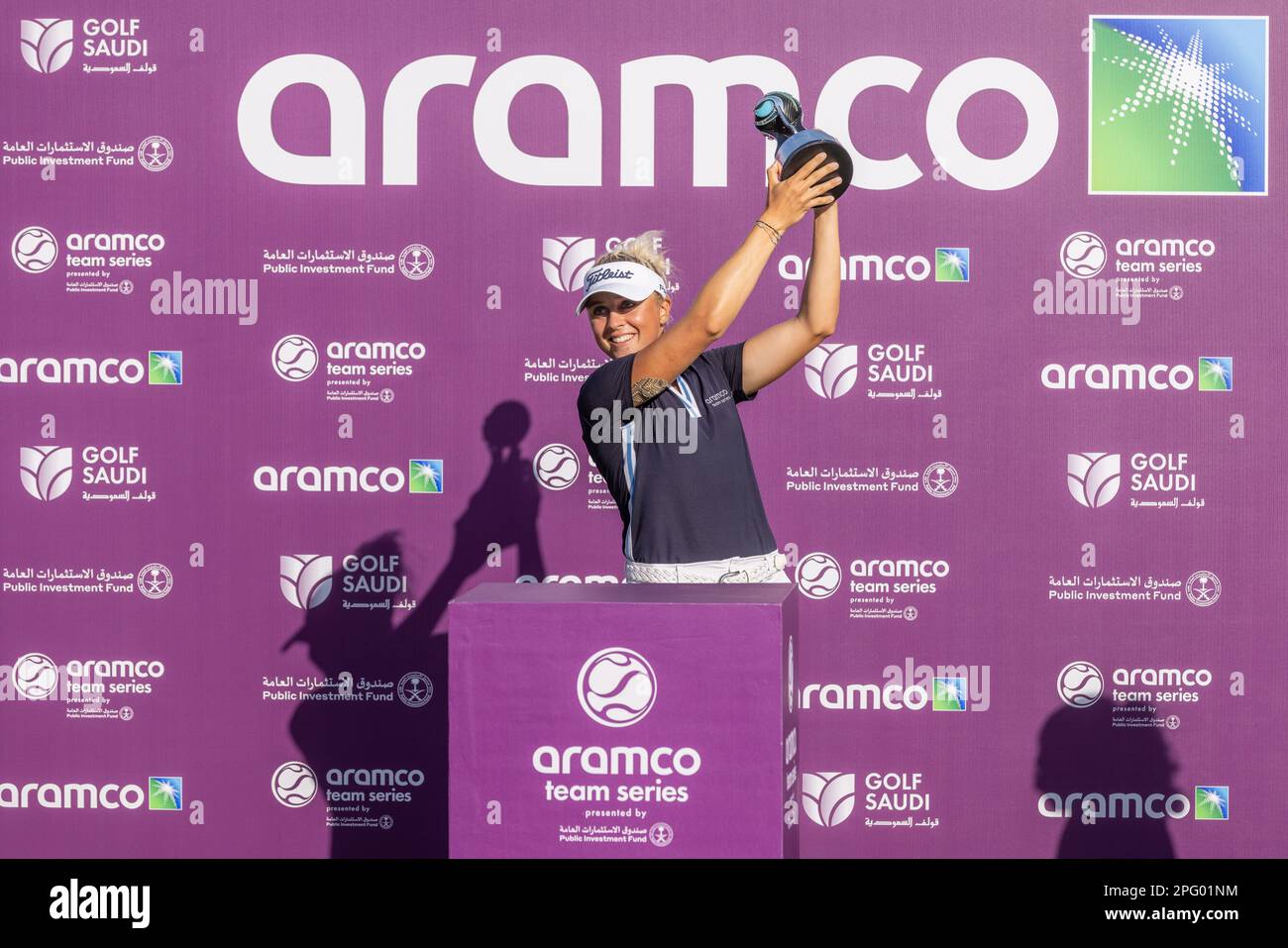 French Pauline Roussin-Bouchard pose with her trophy during the Aramco ...