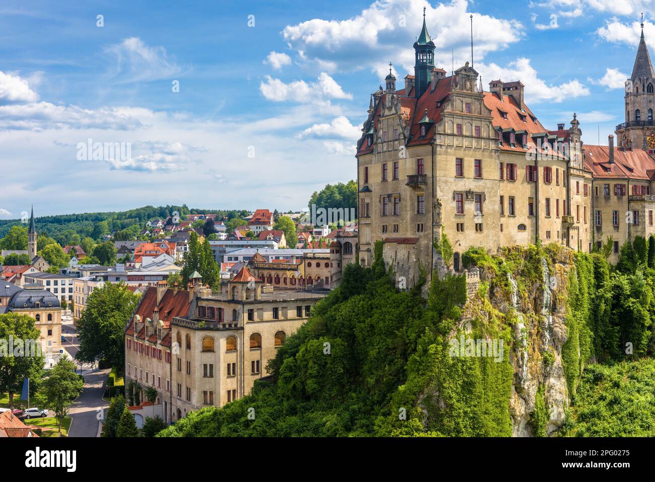 Sigmaringen Castle rises above city, Baden-Wurttemberg, Germany. It is ...