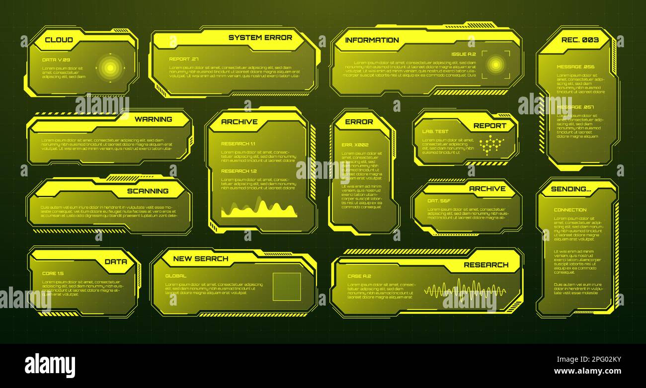 Yellow futuristic HUD, UI elements. Sci-fi user interface text boxes, callouts. Warning message ...