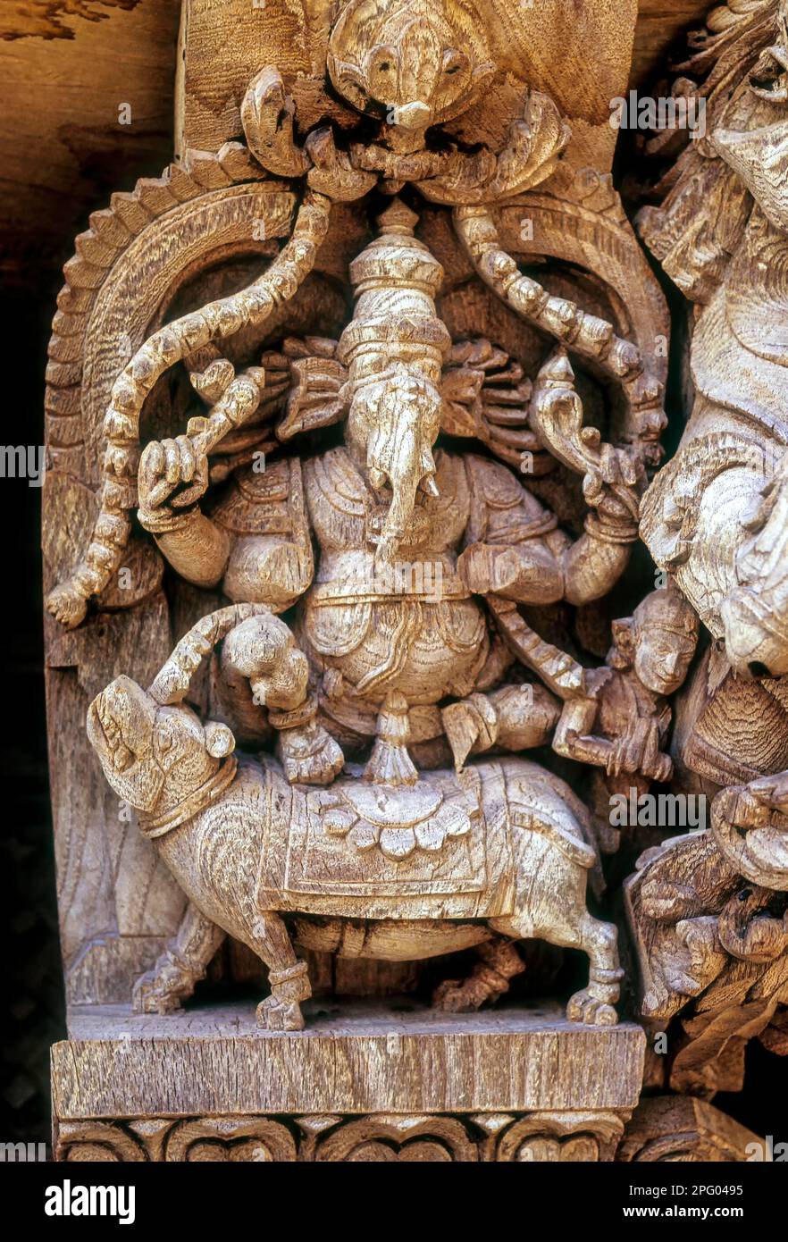 Lord Ganesh Ganpati riding on Rat Mouse Mushika. 17th century wooden ...