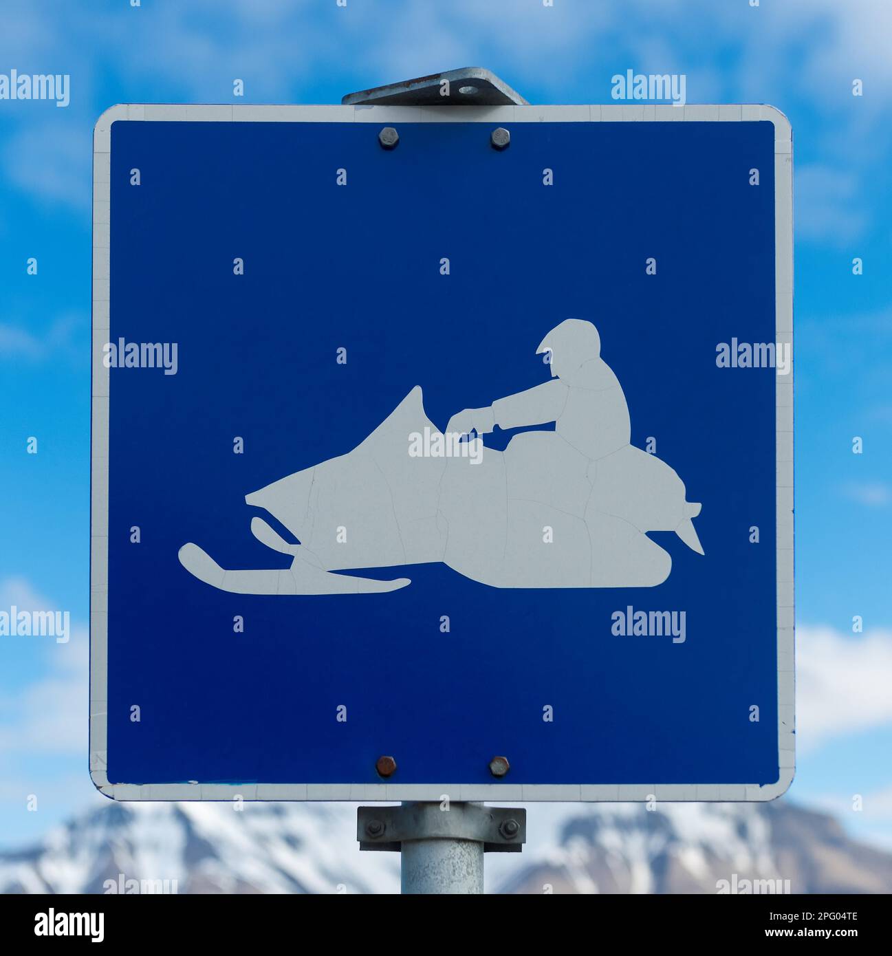 Snowmobile warning sign, Longyearbyen, Spitsbergen Island, Svalbard ...