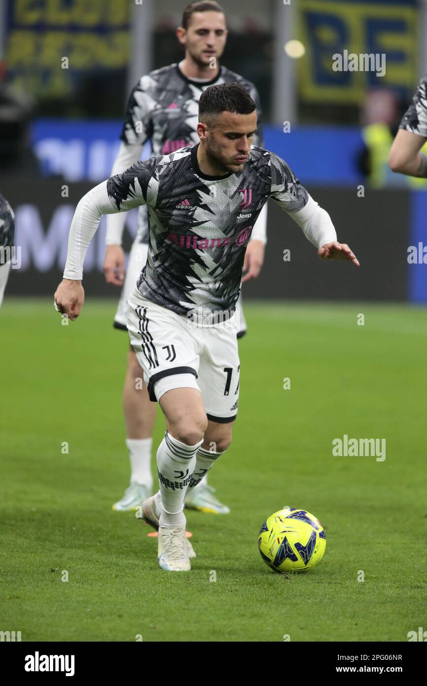 Milan, Italy. 19th Mar, 2023. Filip Kostic of Juventus warming up ...
