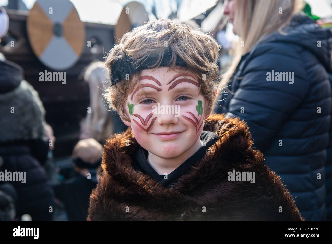 St Patrick's Day in Limerick, parade and happy people during the show ...