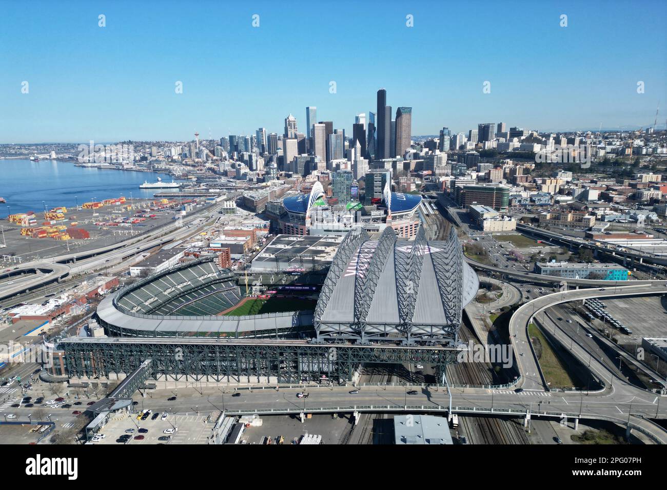 A general overall aerial view of T-Mobile Park (foreground) and Lumen ...