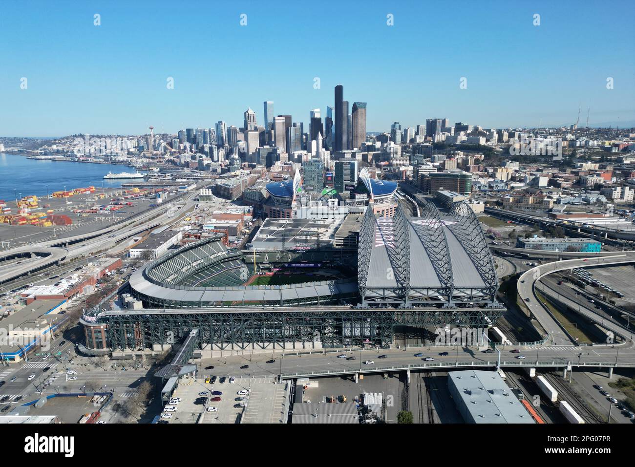 A general overall aerial view of T-Mobile Park (foreground) and Lumen ...