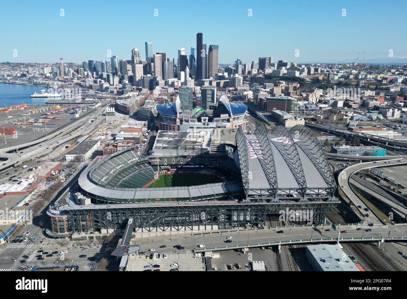 A general overall aerial view of T-Mobile Park (foreground) and Lumen ...