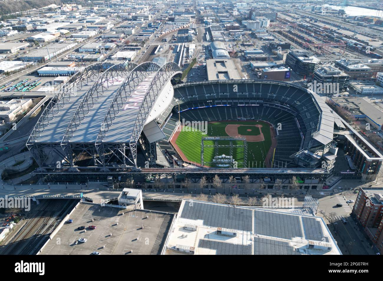 A general overall aerial view of T-Mobile Park, Saturday, Mar. 18, 2022 ...