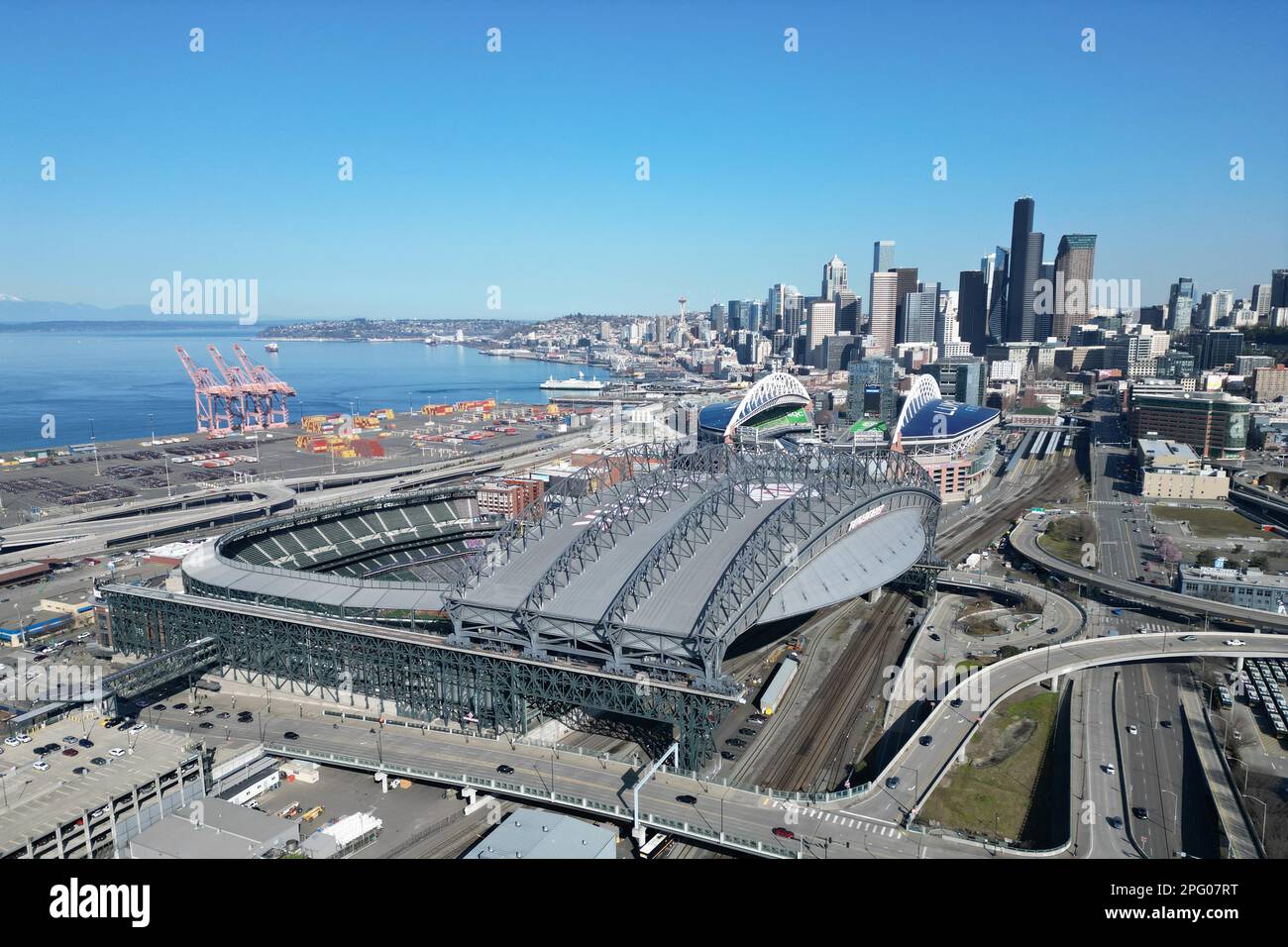 A general overall aerial view of T-Mobile Park (foreground) and Lumen ...
