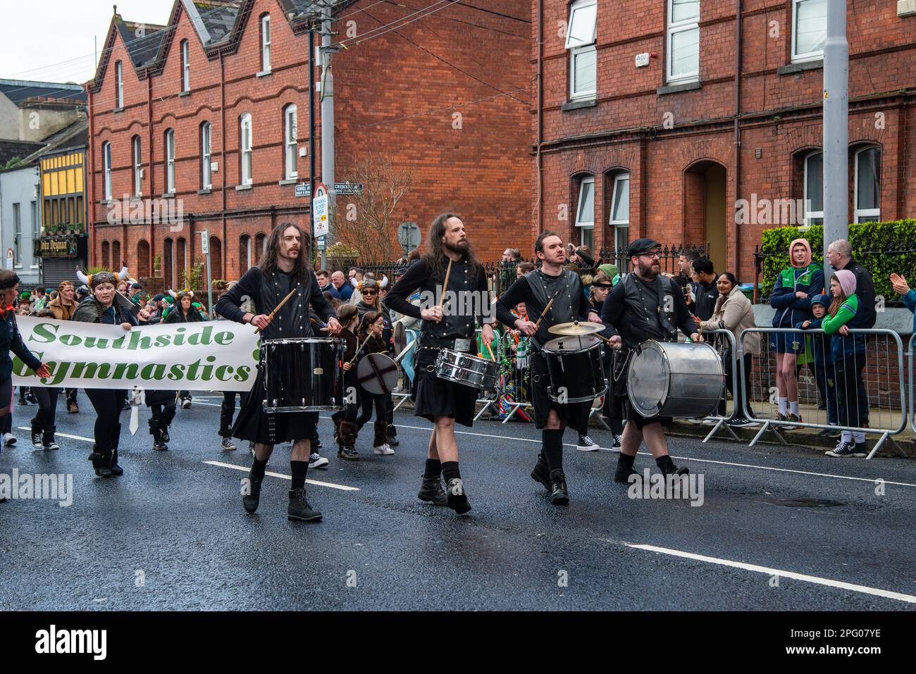 St Patrick's Day in Limerick, parade and happy people during the show ...