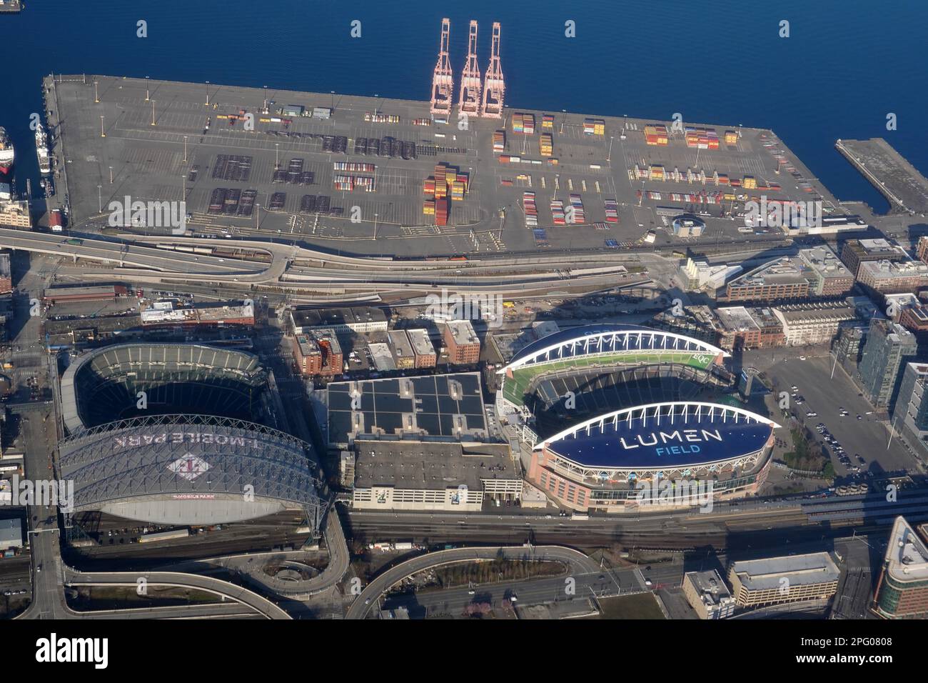 A general overall aerial view of T-Mobile Park (left) and Lumen Field ...