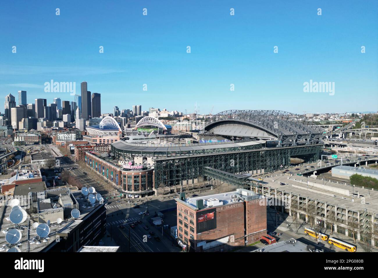 A general overall aerial view of T-Mobile Park (foreground) and Lumen ...