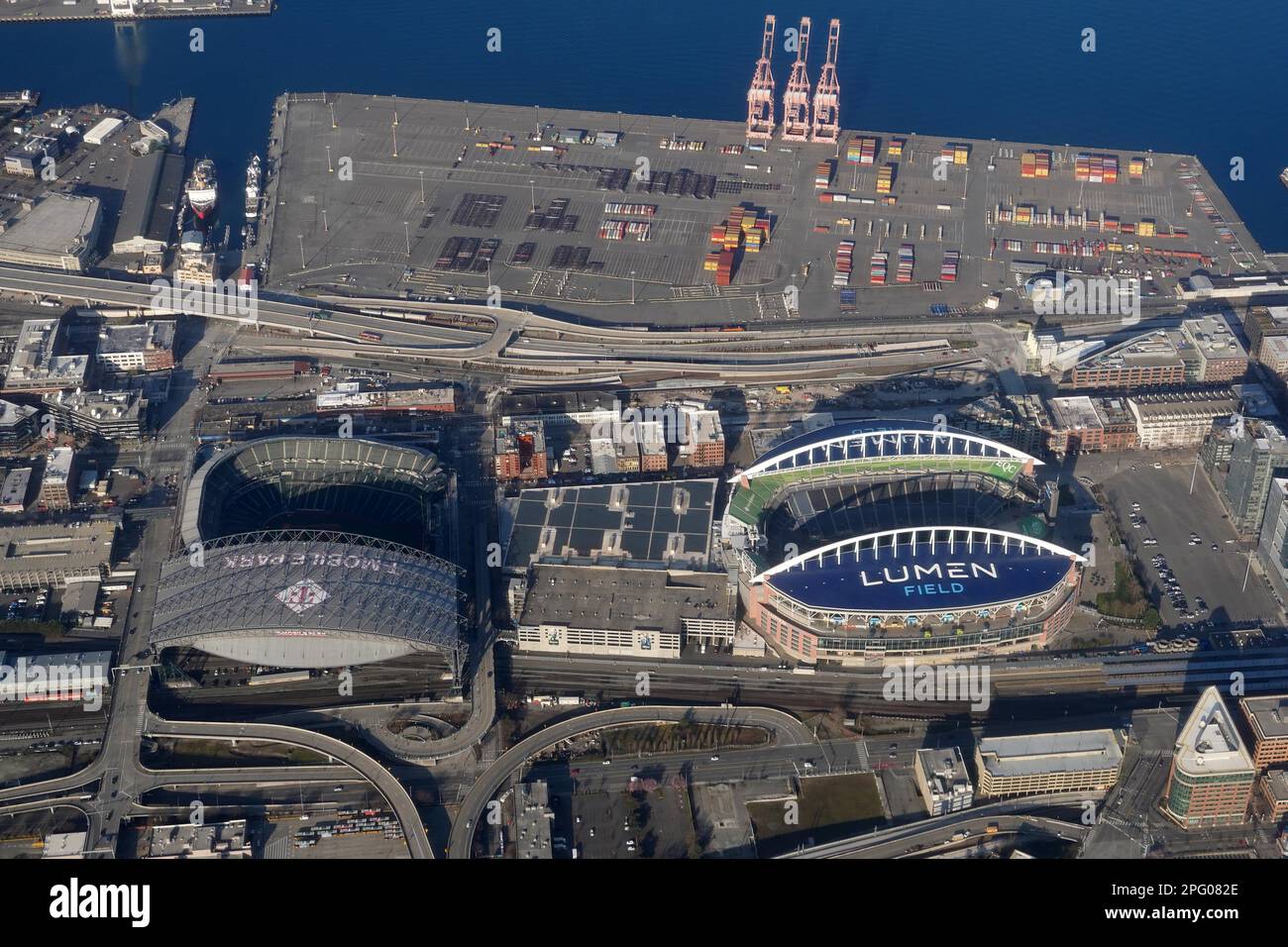 A general overall aerial view of T-Mobile Park (left) and Lumen Field ...