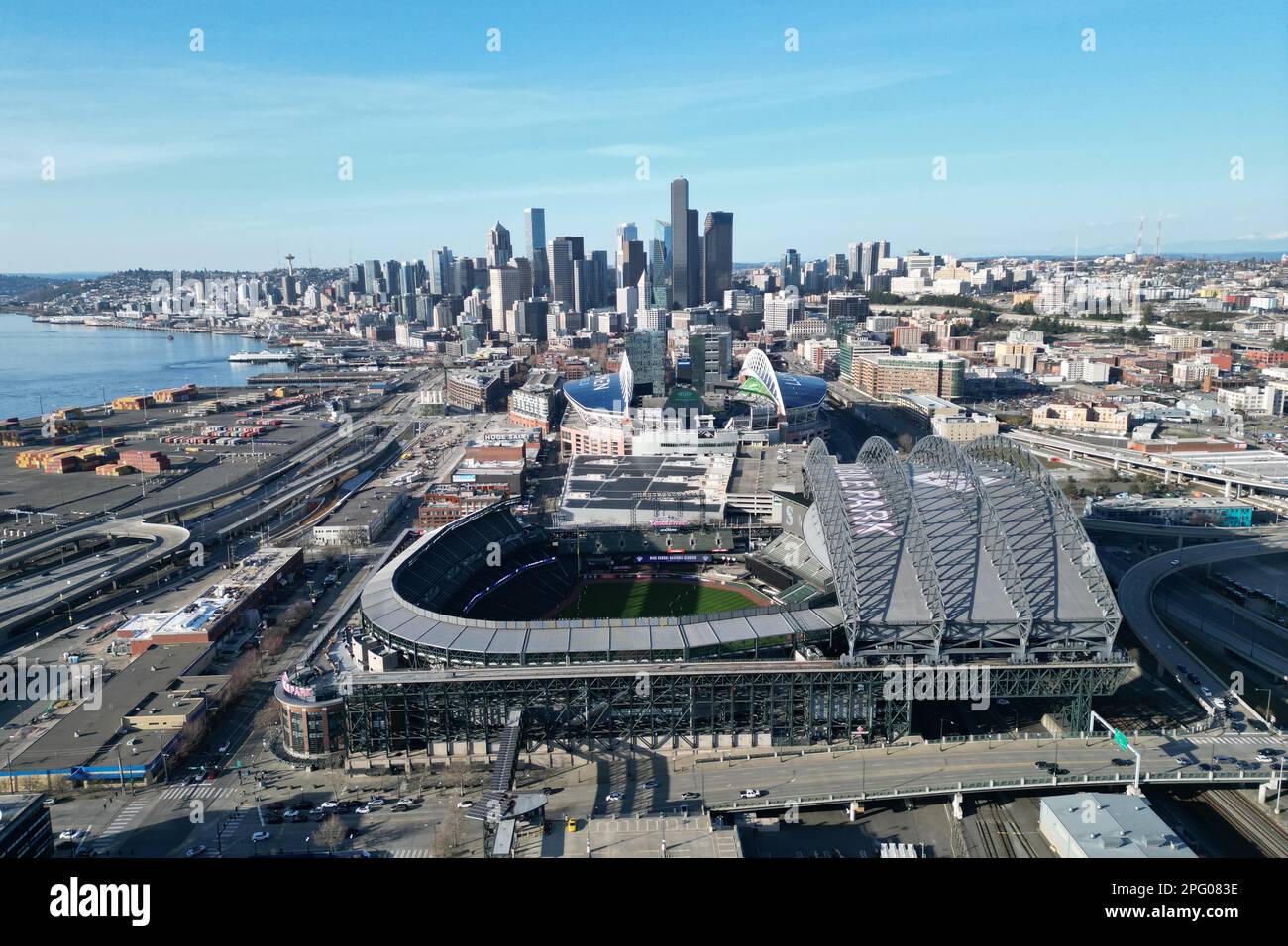 A general overall aerial view of T-Mobile Park (foreground) and Lumen ...