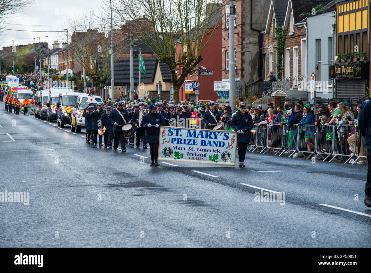 St Patrick's Day in Limerick, parade and happy people during the show ...