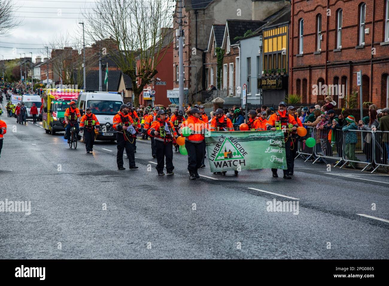 St Patrick's Day in Limerick, parade and happy people during the show ...